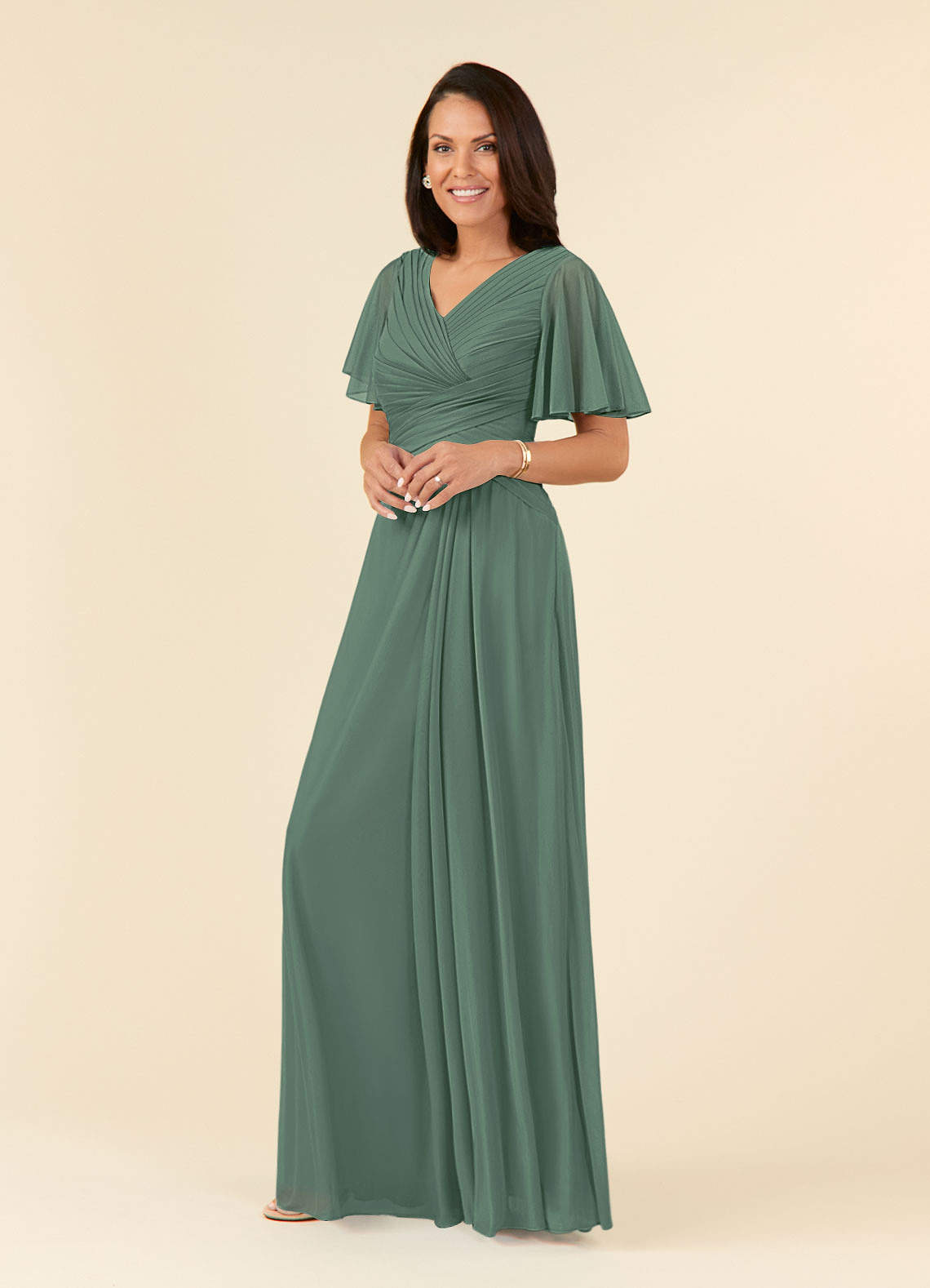 Azazie Emmeline Eucalyptus A Line V Neck Pleated Mesh Dress Azazie