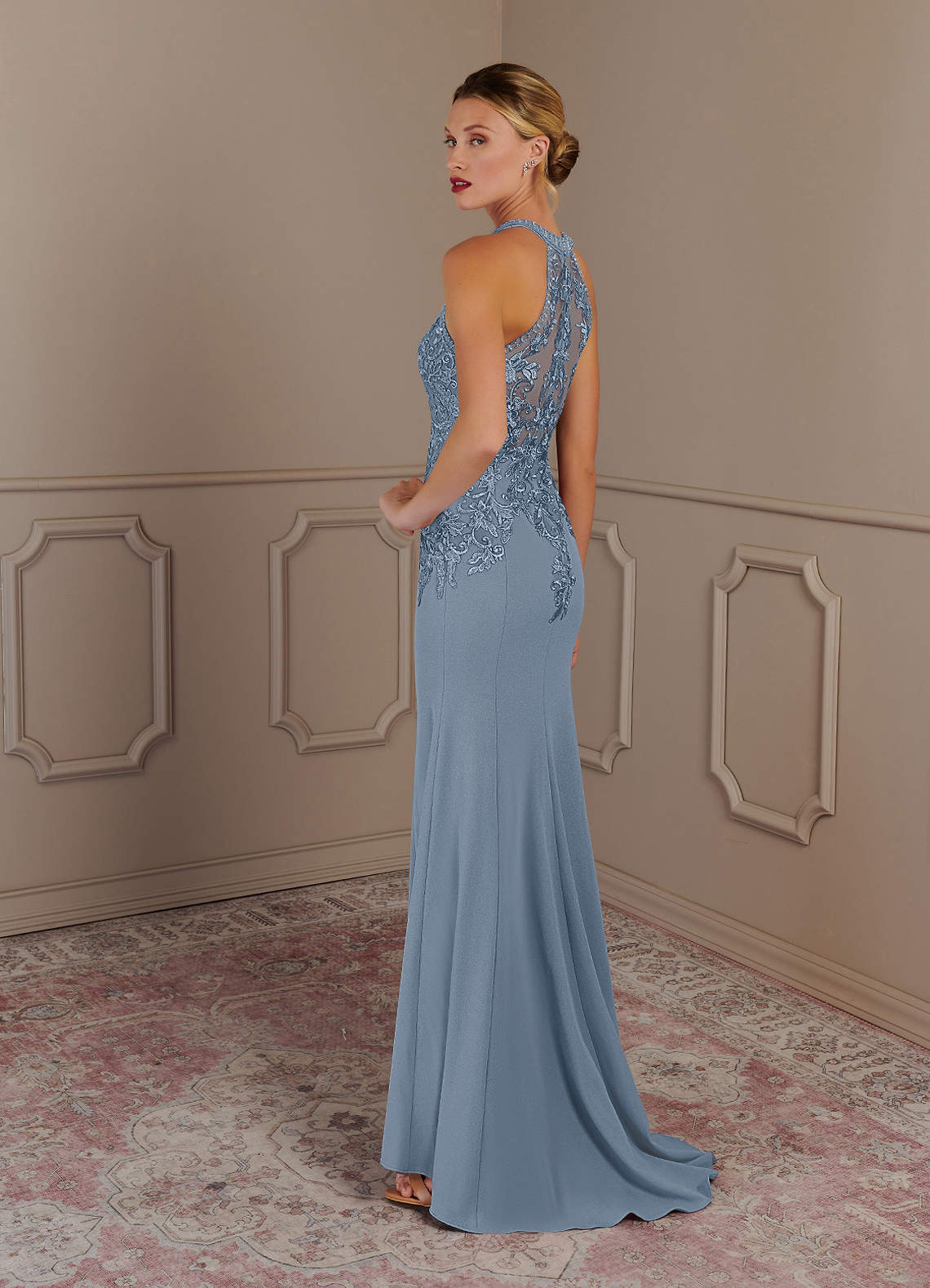 Azazie Tyra Dusty Blue Mermaid Halter Lace Stretch Crepe Dress | Azazie CA