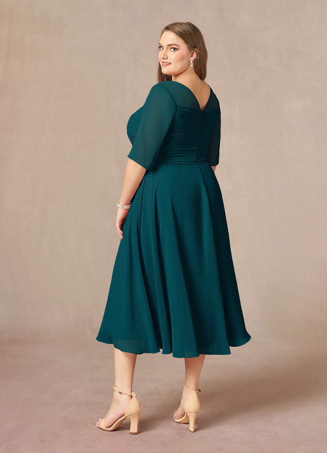 Pine Azazie Naomi Pine A-Line Boatneck Pleated Chiffon Dress | Azazie