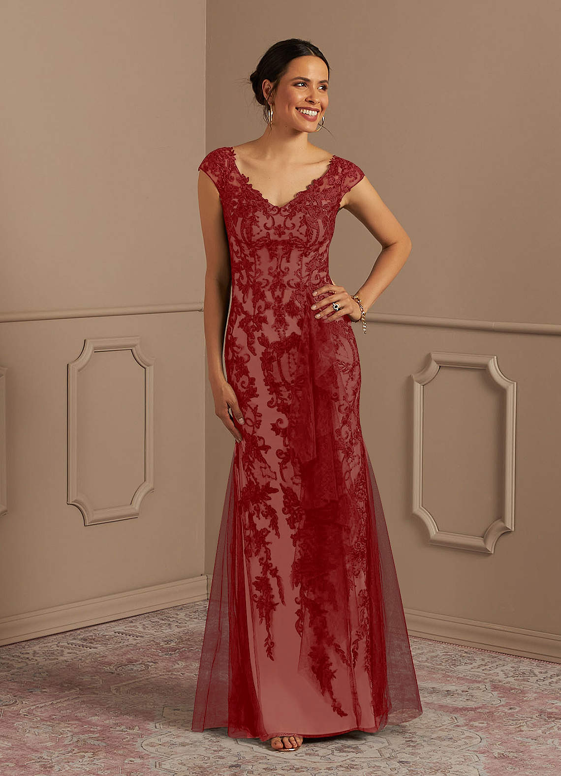 Azazie Melena Rust Champagne Mermaid Lace Tulle Dress | Azazie