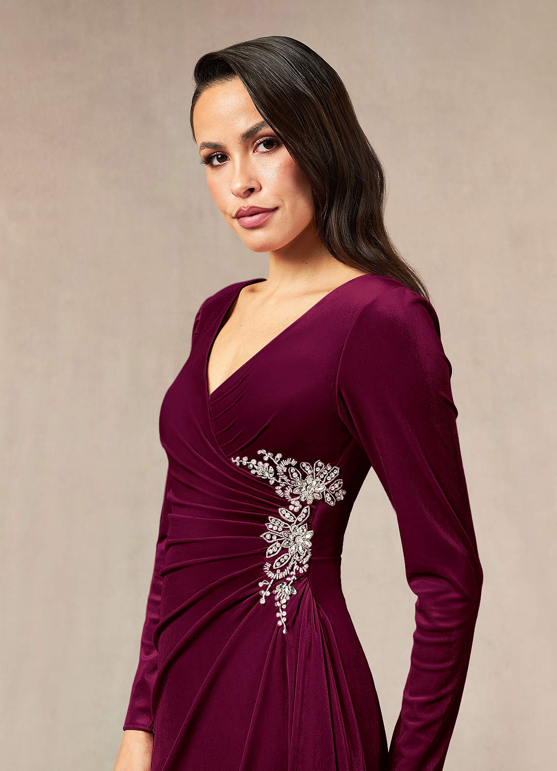 Azazie Margarita Cabernet Mermaid V-Neck Pleated Velvet Dress | Azazie