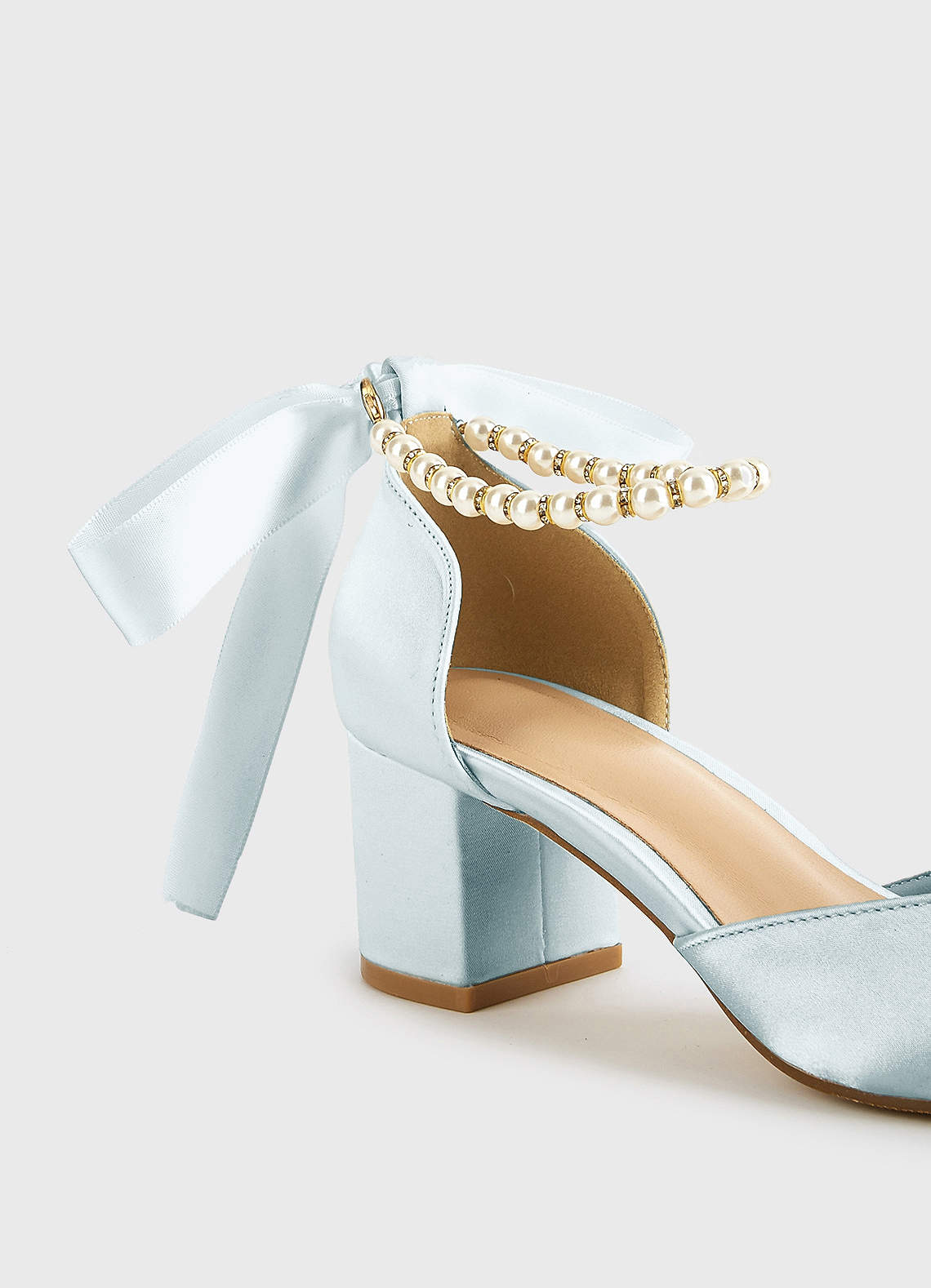 Baby Blue Satin Pearl and Bow Pointed Toe Block Heels | Azazie