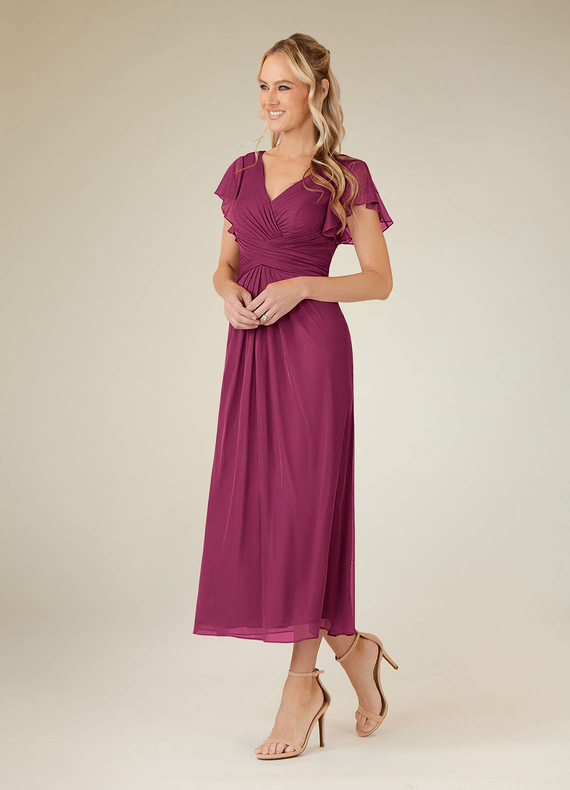 Mulberry Azazie Vera A-Line V-Neck Pleated Mesh Tea-Length Dress | Azazie