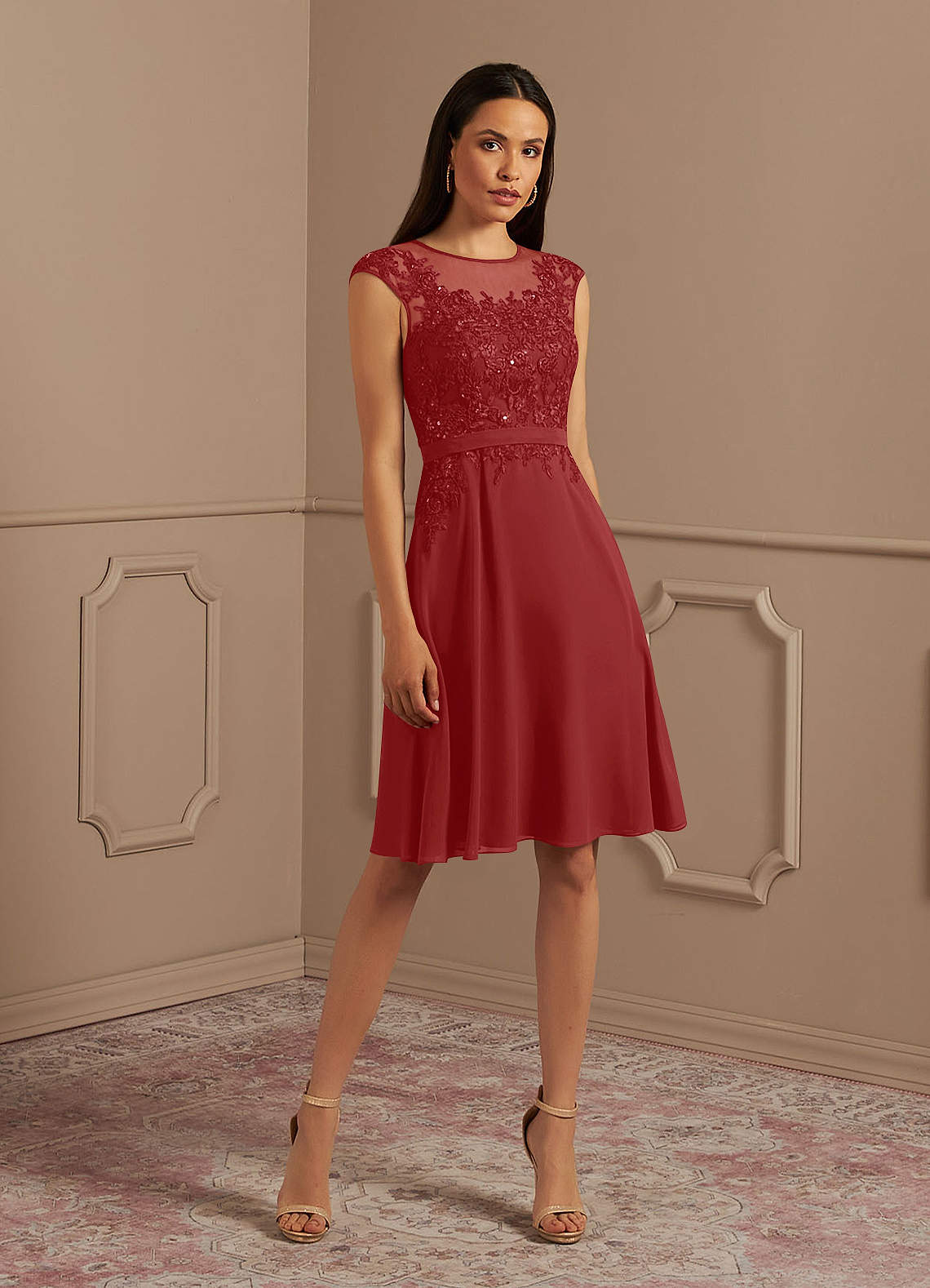 Rust Azazie Klaus A Line Scoop Sequins Chiffon Knee Length Dress Azazie