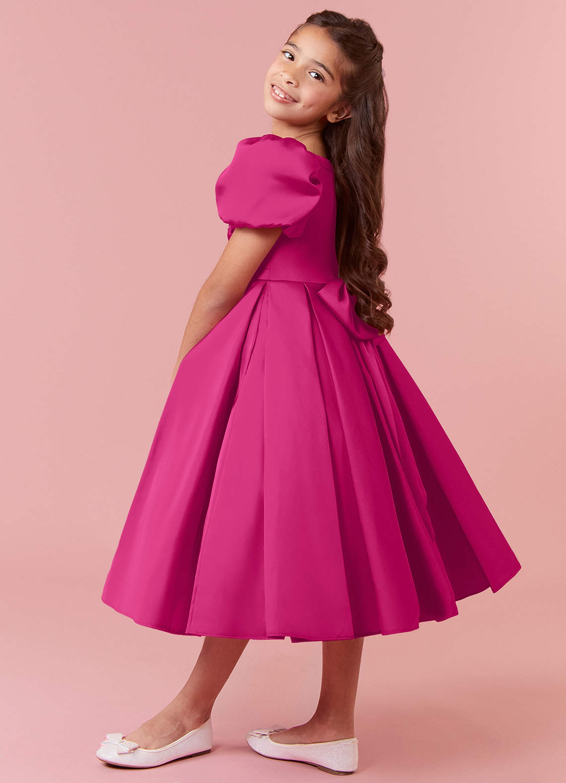 Barbie™ Pink Barbie ♥ Azazie Puff Sleeve Bow Box Pleat Stretch Satin ...