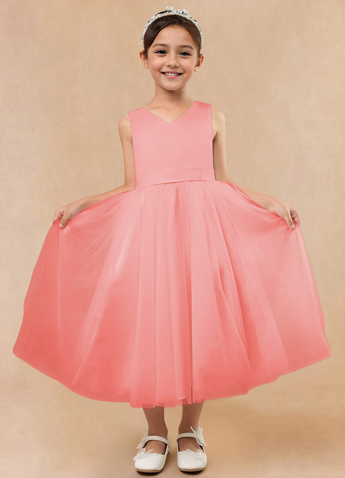 Coral Azazie Marlee Coral A-Line Pleated Matte Satin Dress | Azazie