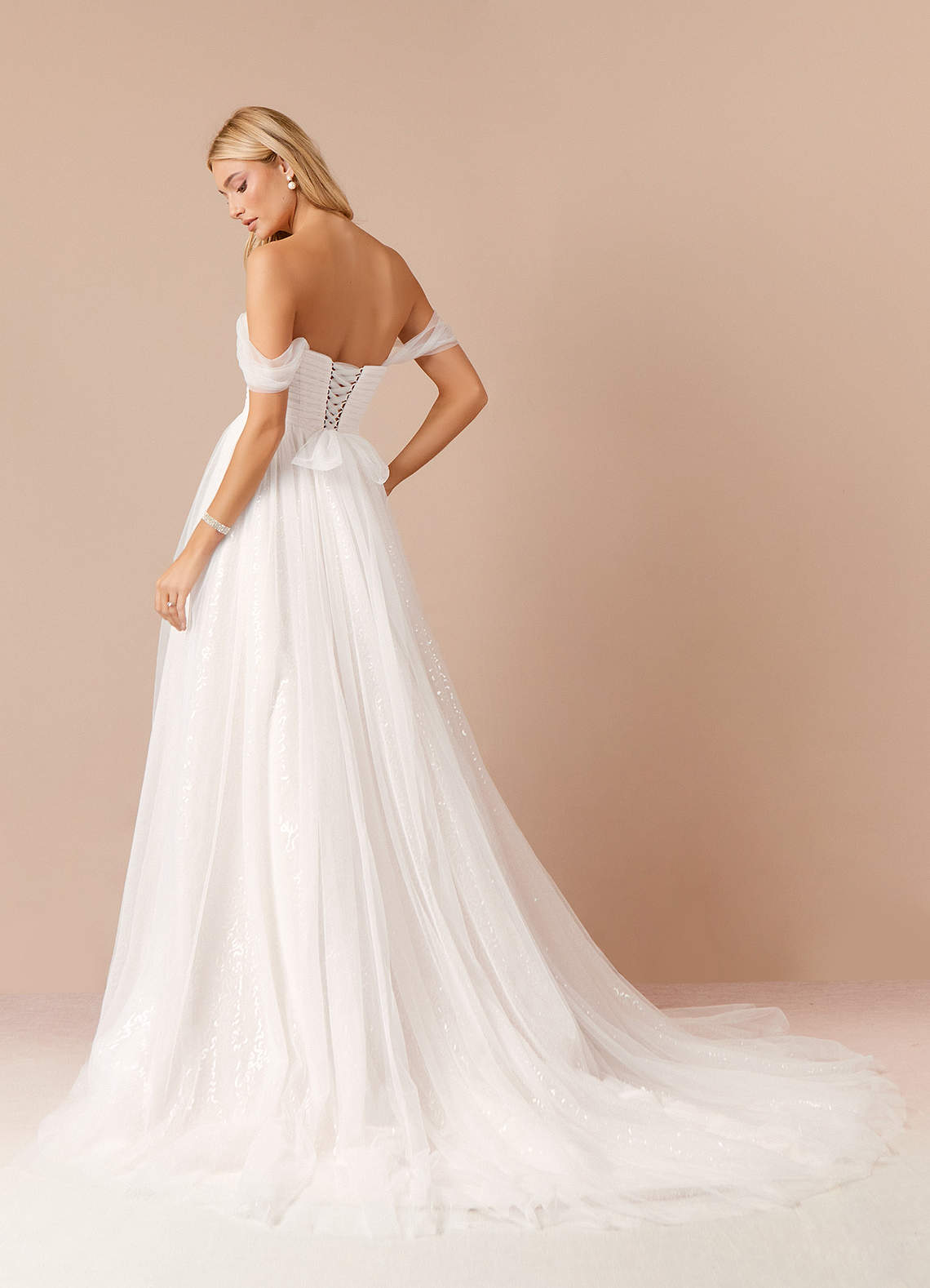 Diamond White Azazie Maia A-Line Off the Shoulder Tulle Chapel Train ...