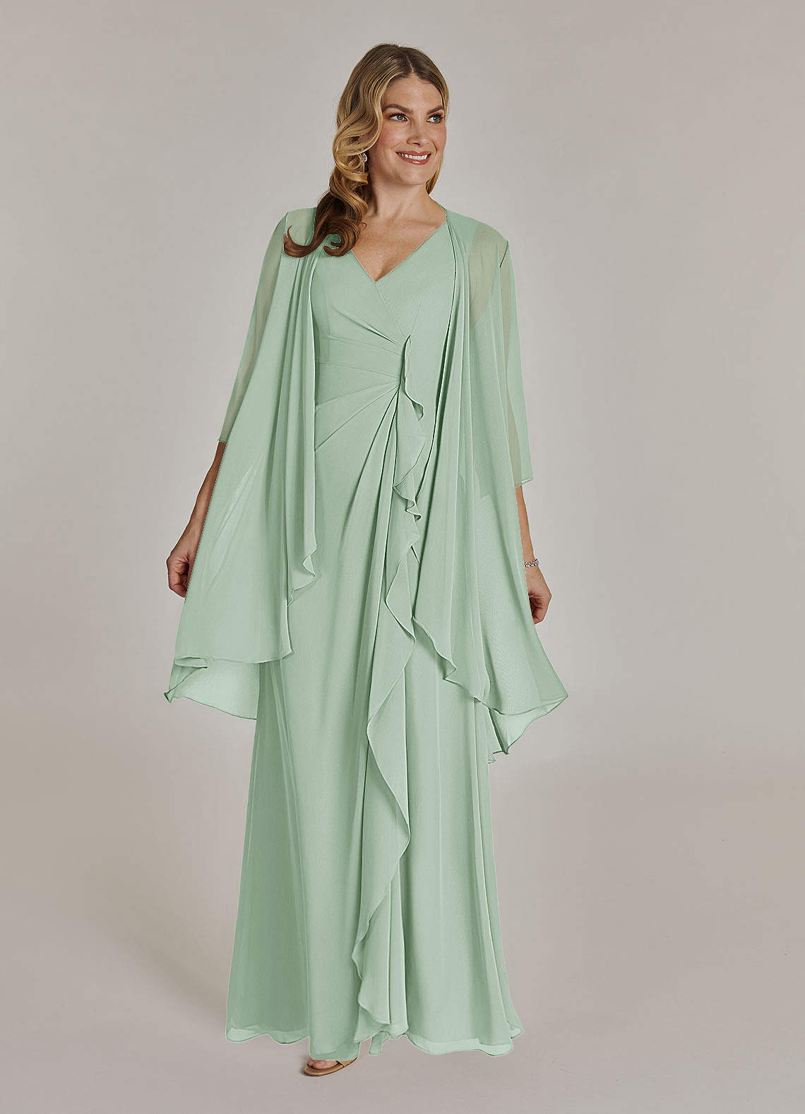 Agave Azazie Manuella A-Line V-Neck Pleated Chiffon Floor-Length Dress | Azazie