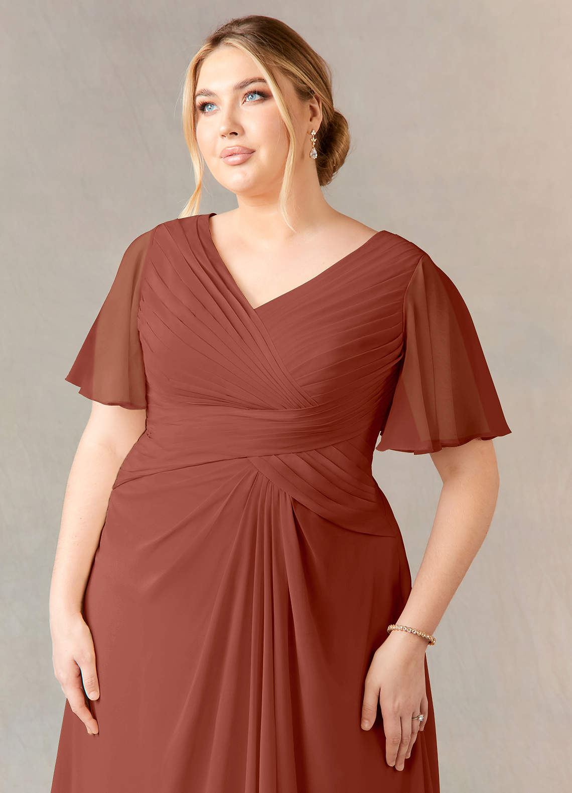 Azazie Morning Glory Auburn A-Line V-Neck Ruched Chiffon Dress | Azazie