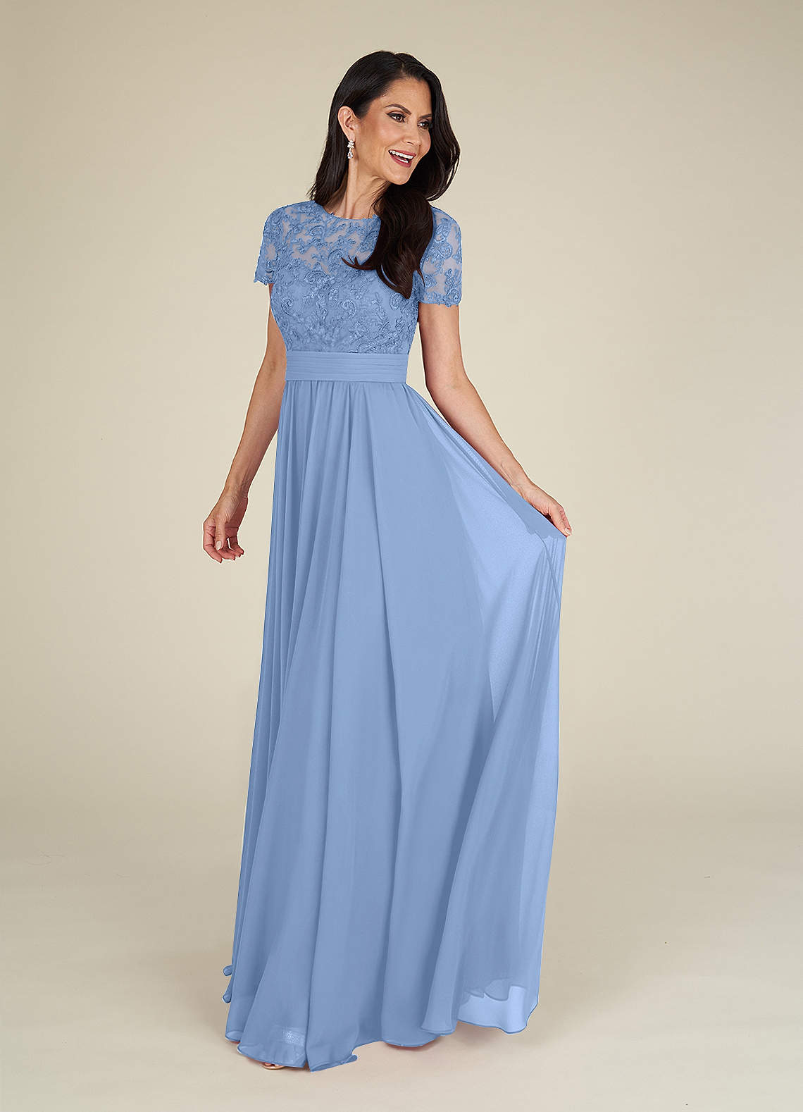 Azazie Annette Steel Blue A-Line Lace Chiffon Dress | Azazie