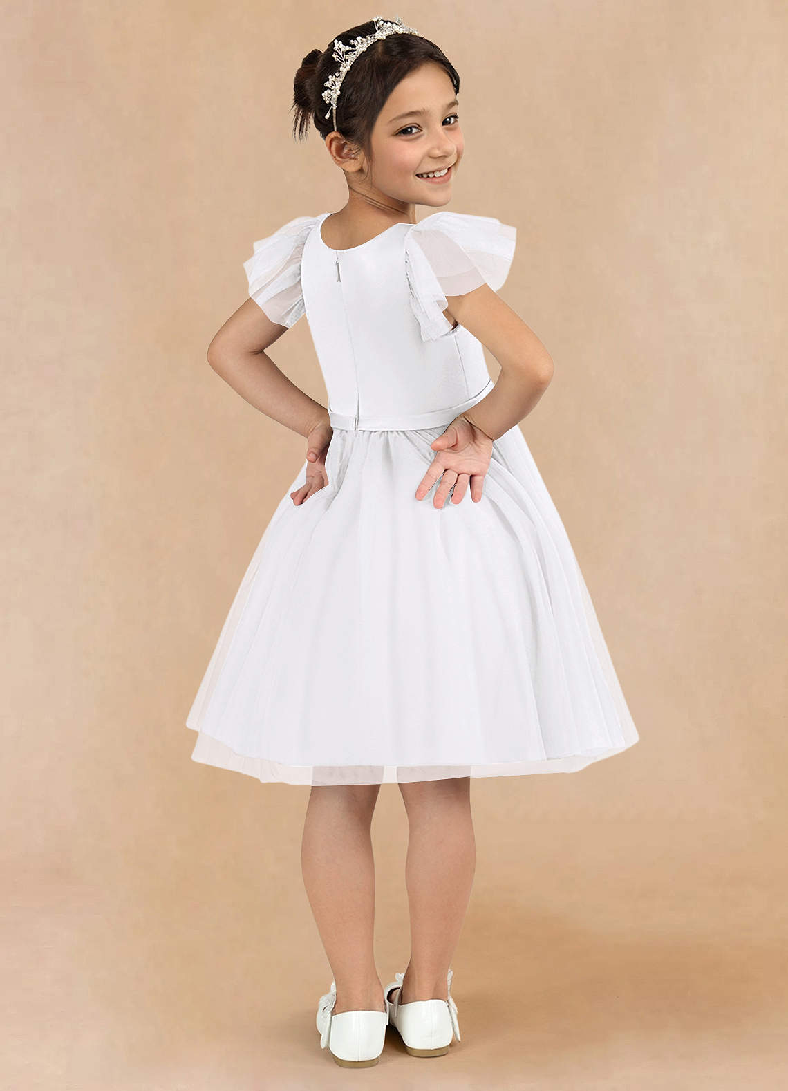 White Azazie Midna White A-Line with Sleeves Tulle Dress | Azazie