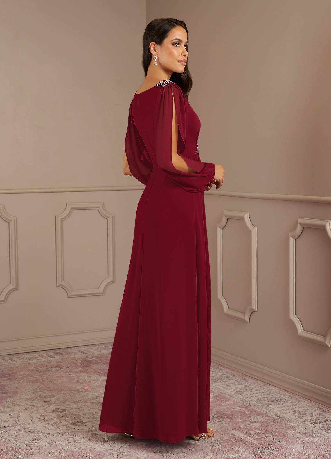 Burgundy Azazie Gypsy A-Line V-Neck Sequins Chiffon Floor-Length Dress ...