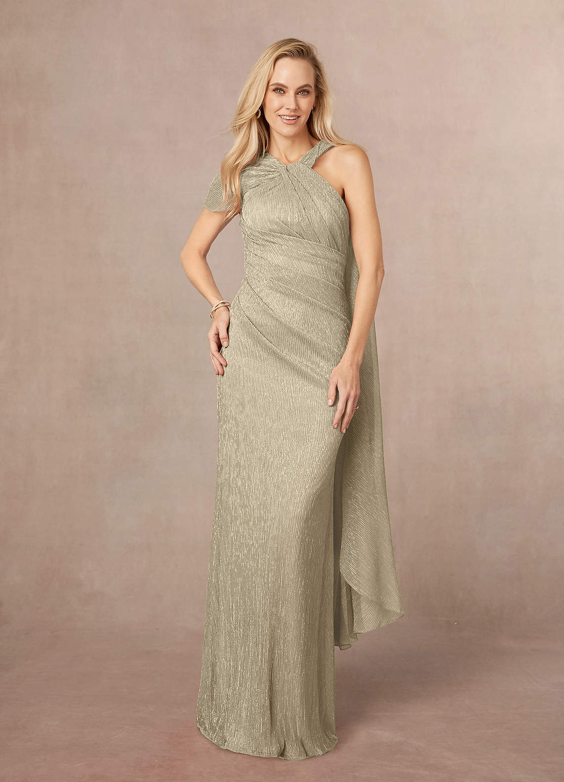 Azazie Janetta Champagne Gold Mermaid Ruffle Cape Metallic Mesh Dress ...