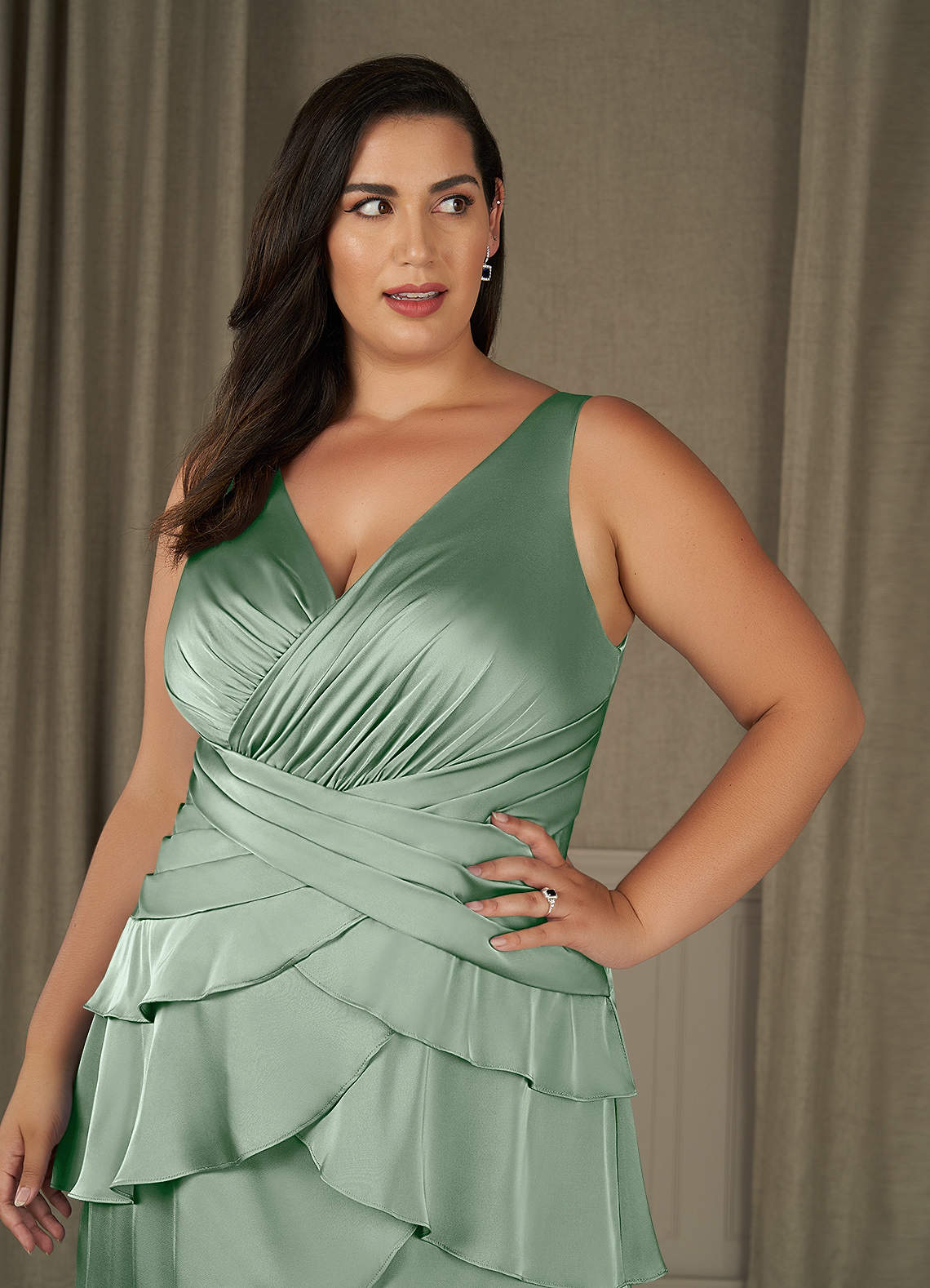 Azazie Viola Agave A-Line Pleated Stretch Satin Dress | Azazie