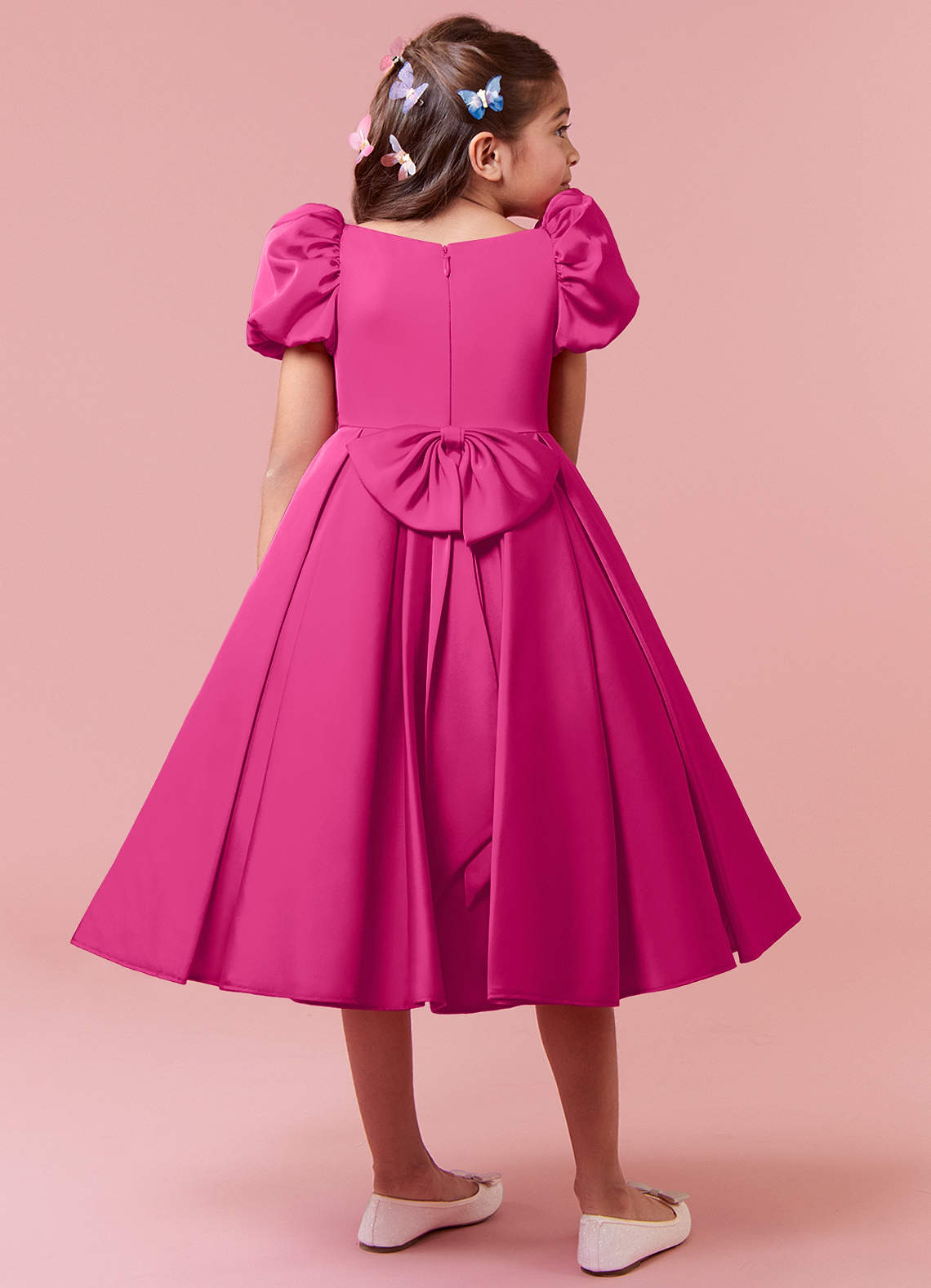 Barbie™ Pink Barbie ♥ Azazie Puff Sleeve Bow Box Pleat Stretch Satin ...