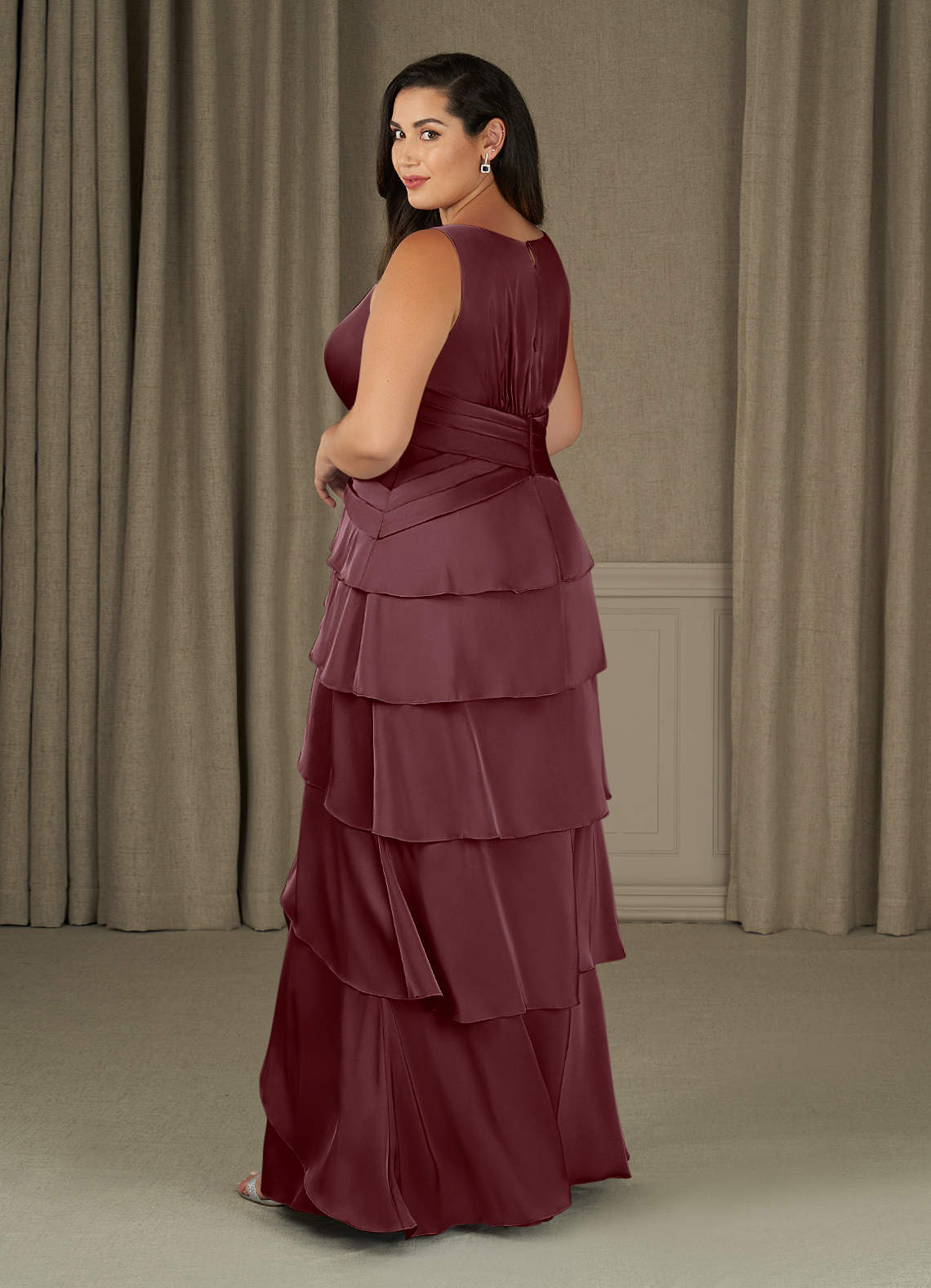 Azazie Viola Sangria A-Line Pleated Stretch Satin Dress | Azazie