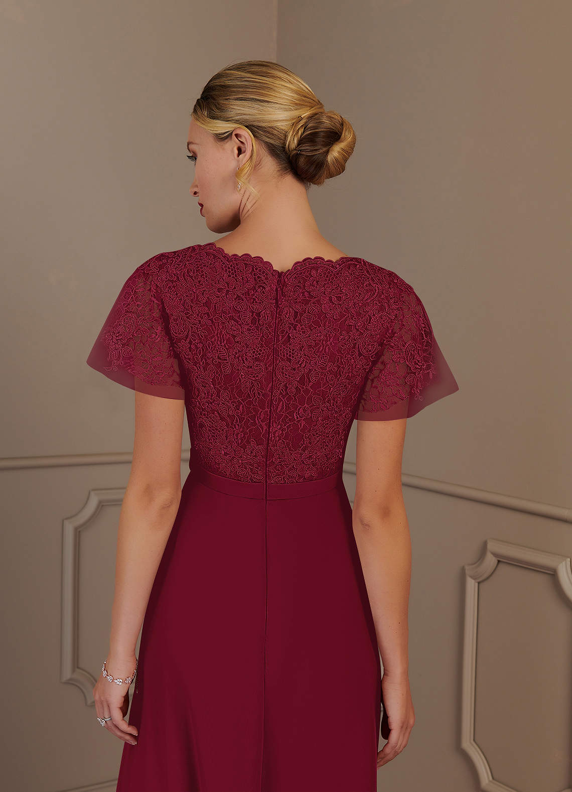 Azazie Singer Burgundy A-Line V-Neck Lace Chiffon Dress | Azazie