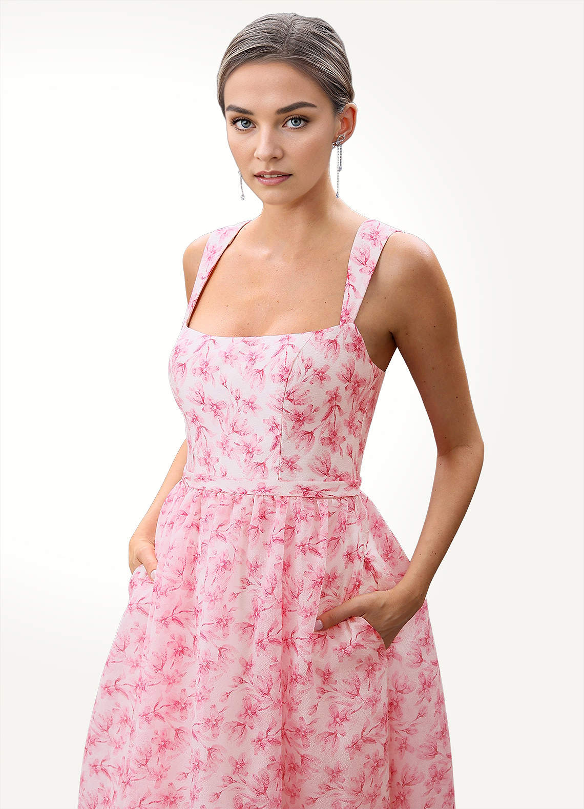 Carly Pink Floral Print Square-Neck Midi Dress Atelier Dresses | Azazie