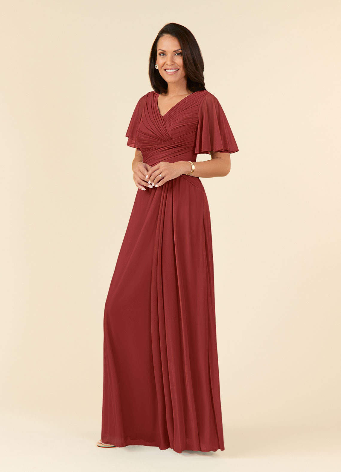 Azazie Emmeline Rust A-Line V-Neck Pleated Mesh Dress | Azazie UK