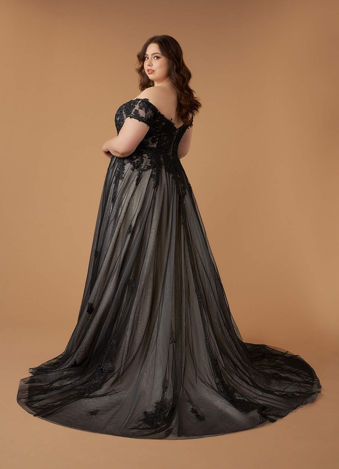 Black/Champagne Azazie Rowe Ball-Gown Off the Shoulder Tulle Chapel ...