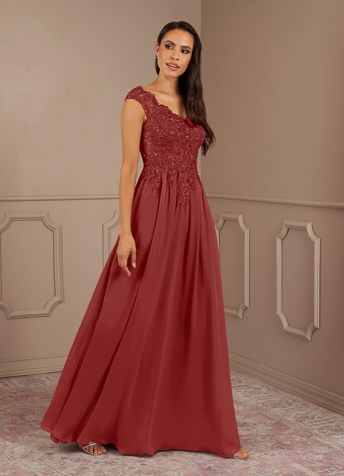 Rust Azazie Amethyst A-Line V-Neck Sequins Chiffon Floor-Length Dress ...