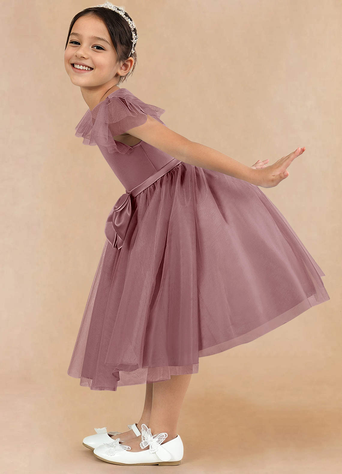 Dusty Rose Azazie Midna A-Line Tulle Knee-Length Dress with Sleeves ...