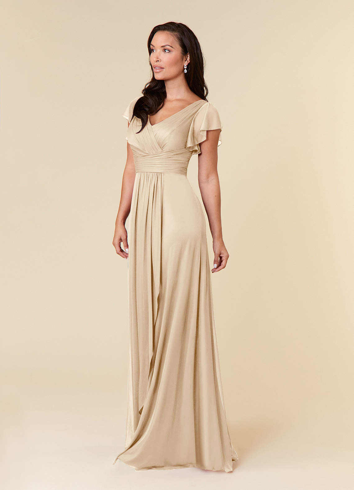 Azazie Reneya Champagne A-Line Pleated Mesh Dress | Azazie