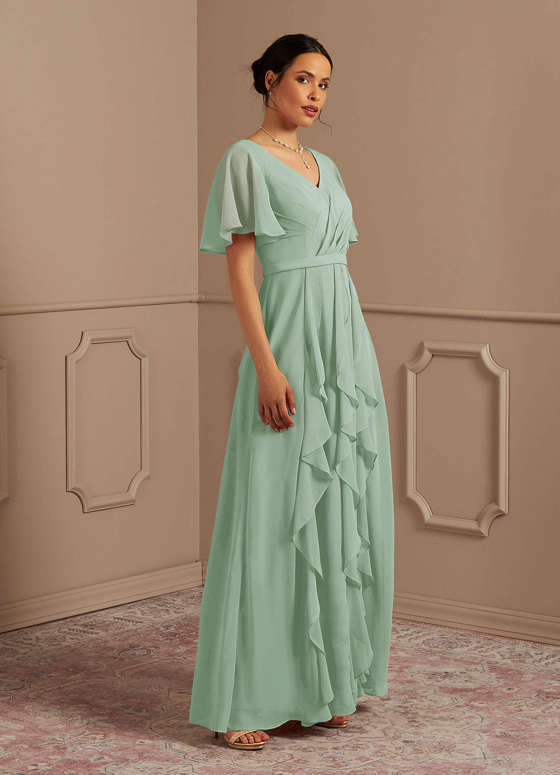 Agave Azazie Watson A-Line V-Neck Chiffon Floor-Length Dress | Azazie