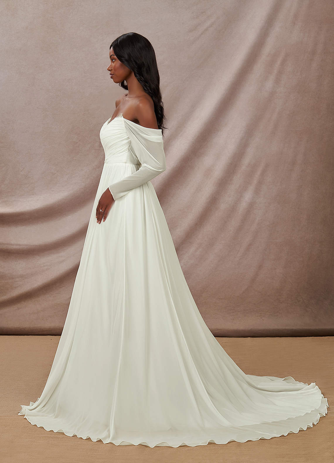 Cream Azazie Lilith A-Line Sweetheart lace Chiffon Chapel Train Dress ...