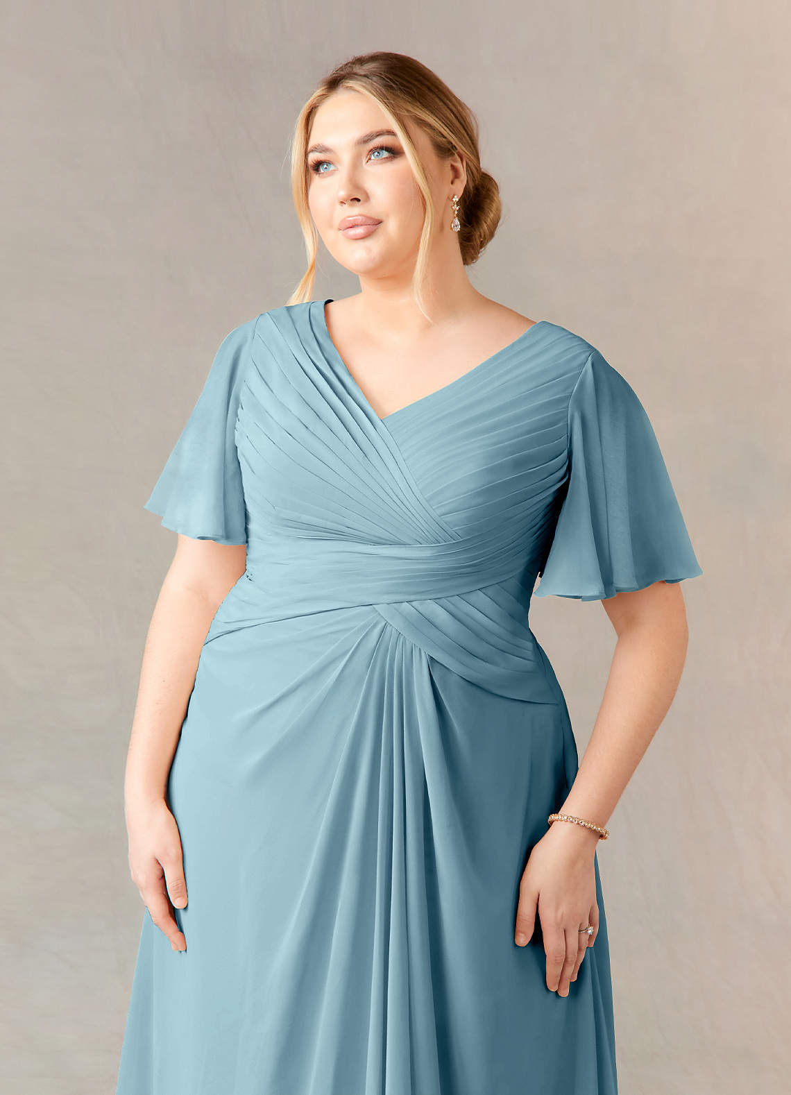 Azazie Morning Glory Moody Blue A-Line V-Neck Ruched Chiffon Dress | Azazie