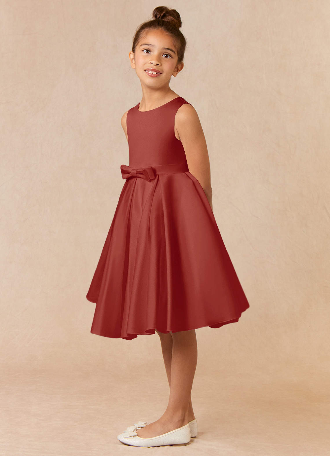Terracotta Azazie Coco A-Line Bow Matte Satin Knee-Length Dress | Azazie