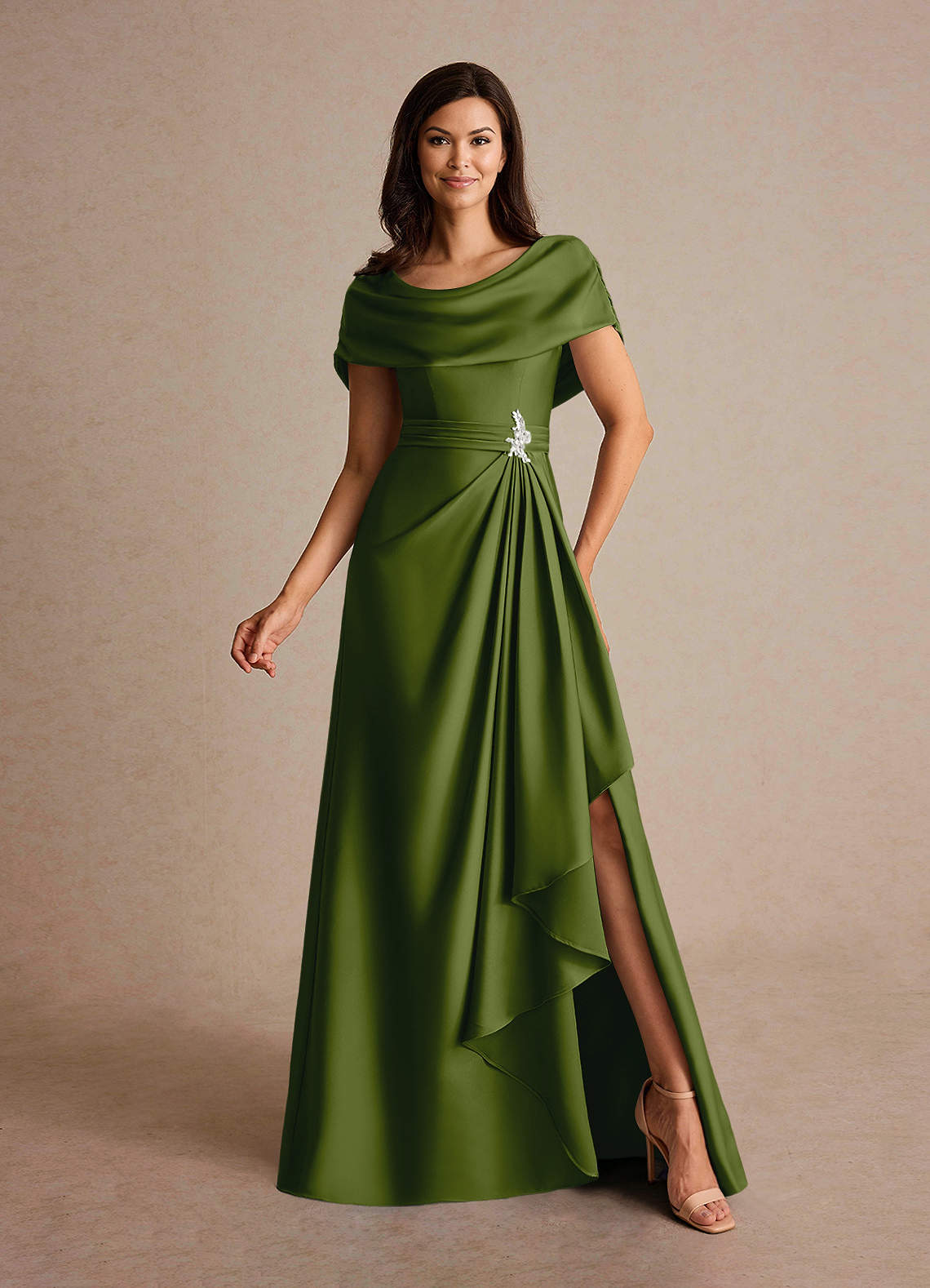 Azazie Branford Juniper A-Line Pleated Stretch Satin Dress | Azazie