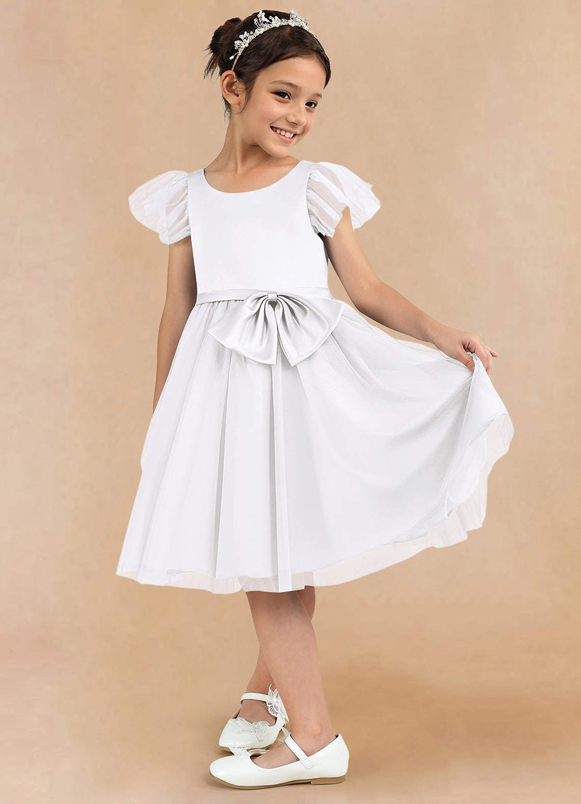 White Azazie Midna White A-Line with Sleeves Tulle Dress | Azazie