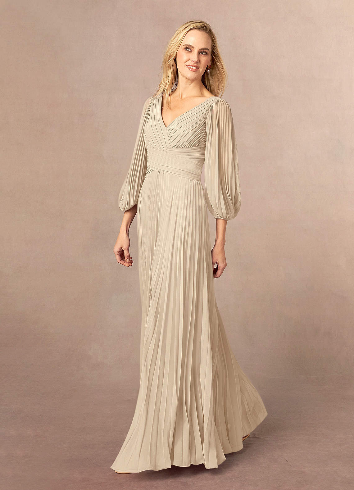 Azazie Zahara Champagne A-Line V-Neck Pleated Chiffon Dress | Azazie