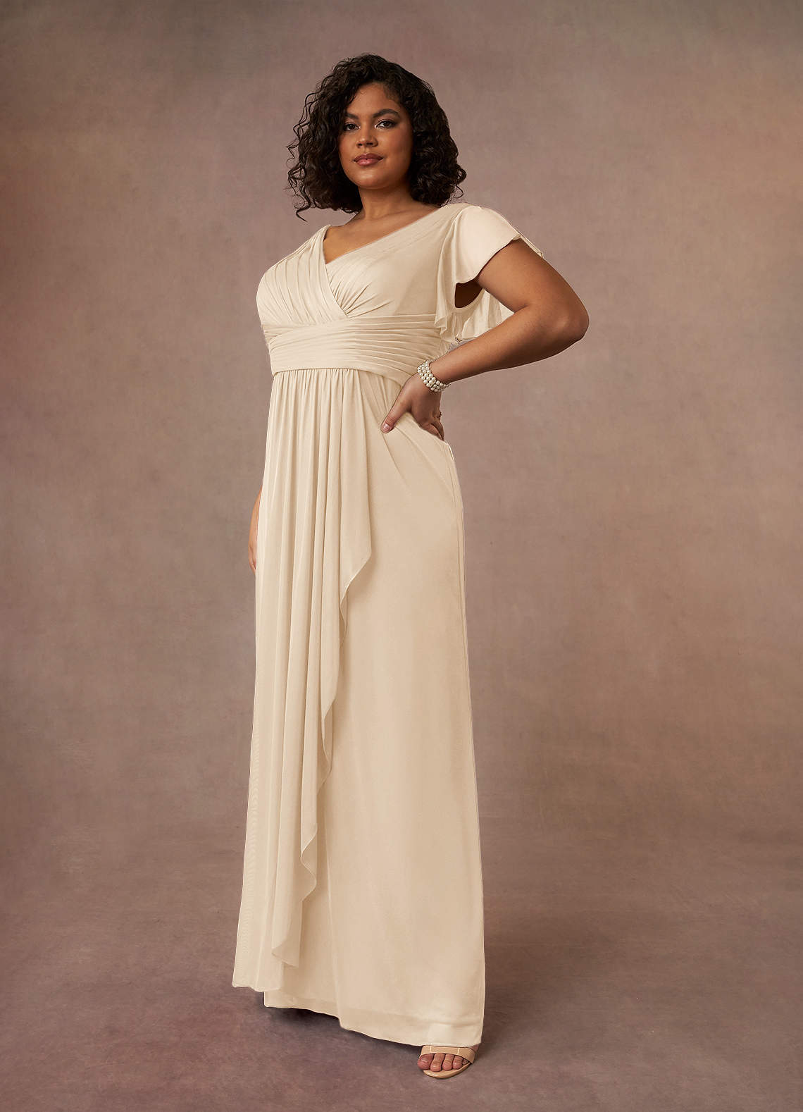 Azazie Reneya Champagne A-Line Pleated Mesh Dress | Azazie