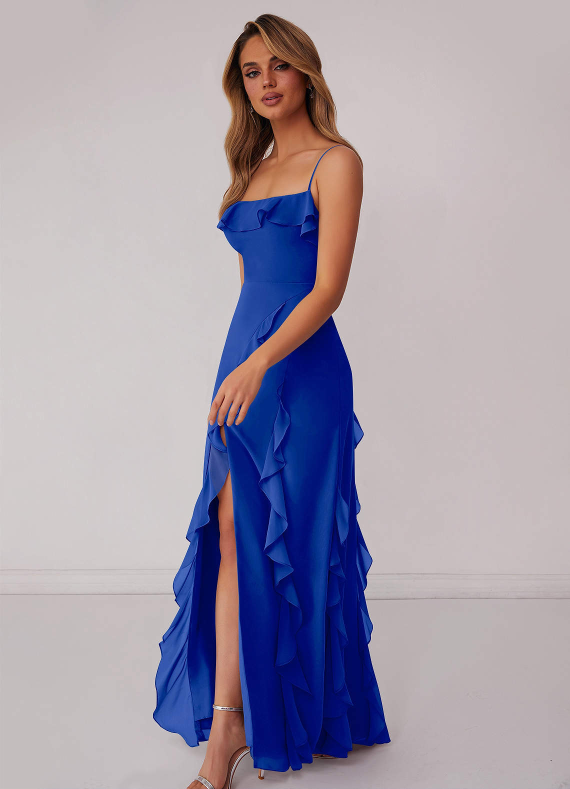 Royal Blue Chiffon Ruffle Column Dress with Leg Slit Bridesmaid Dresses ...