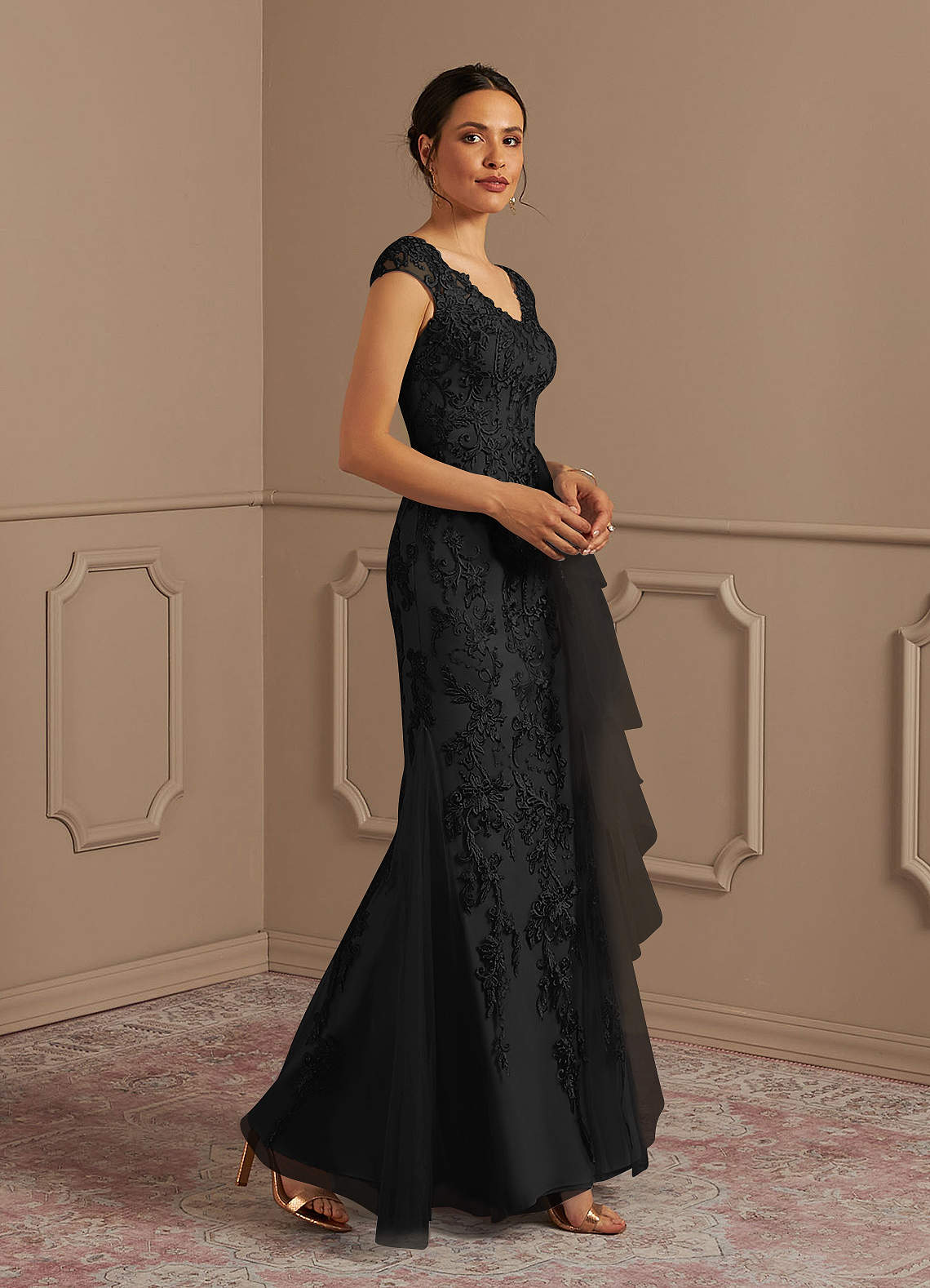 Azazie Melena Black Mermaid Lace Tulle Dress | Azazie