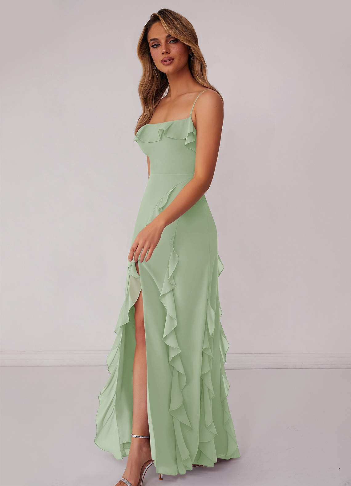 Dusty Sage Chiffon Ruffle Column Dress with Leg Slit Bridesmaid Dresses ...