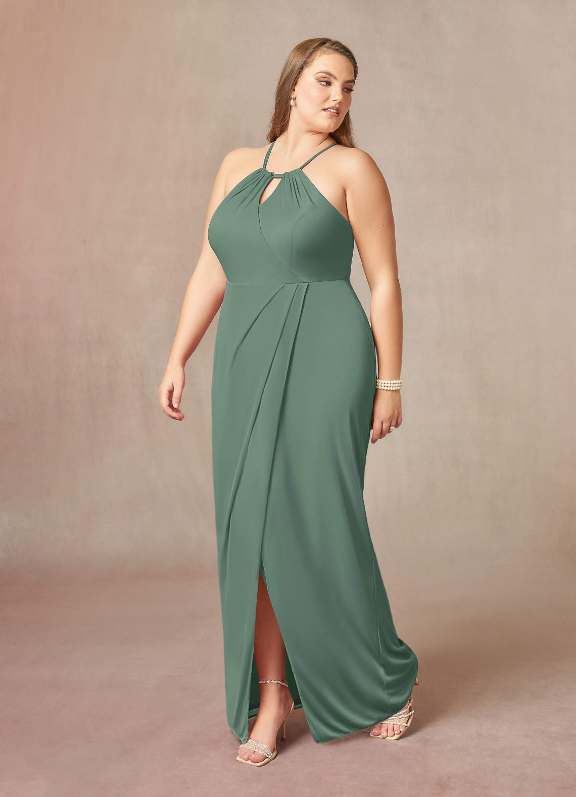 Azazie Hadid Eucalyptus Sheath Pleated Mesh Dress Azazie