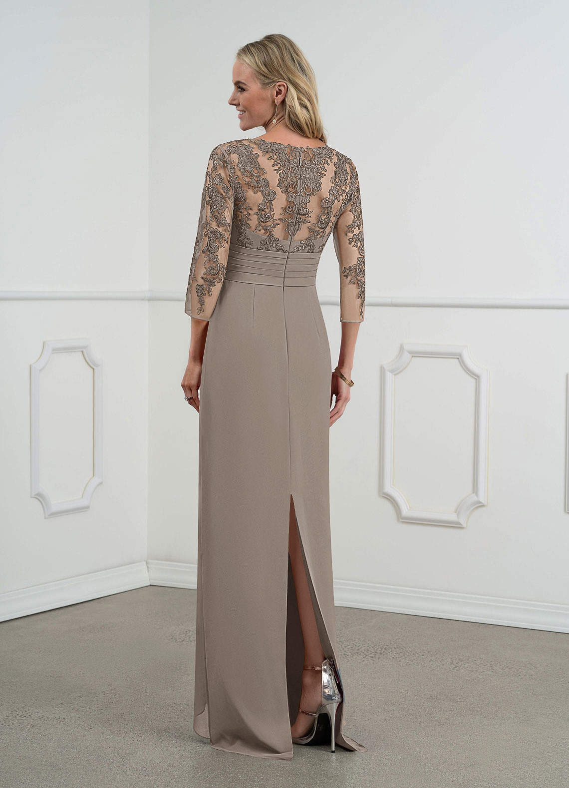 Taupe Azazie Joan Taupe Sheath V-Neck Lace Chiffon Dress | Azazie