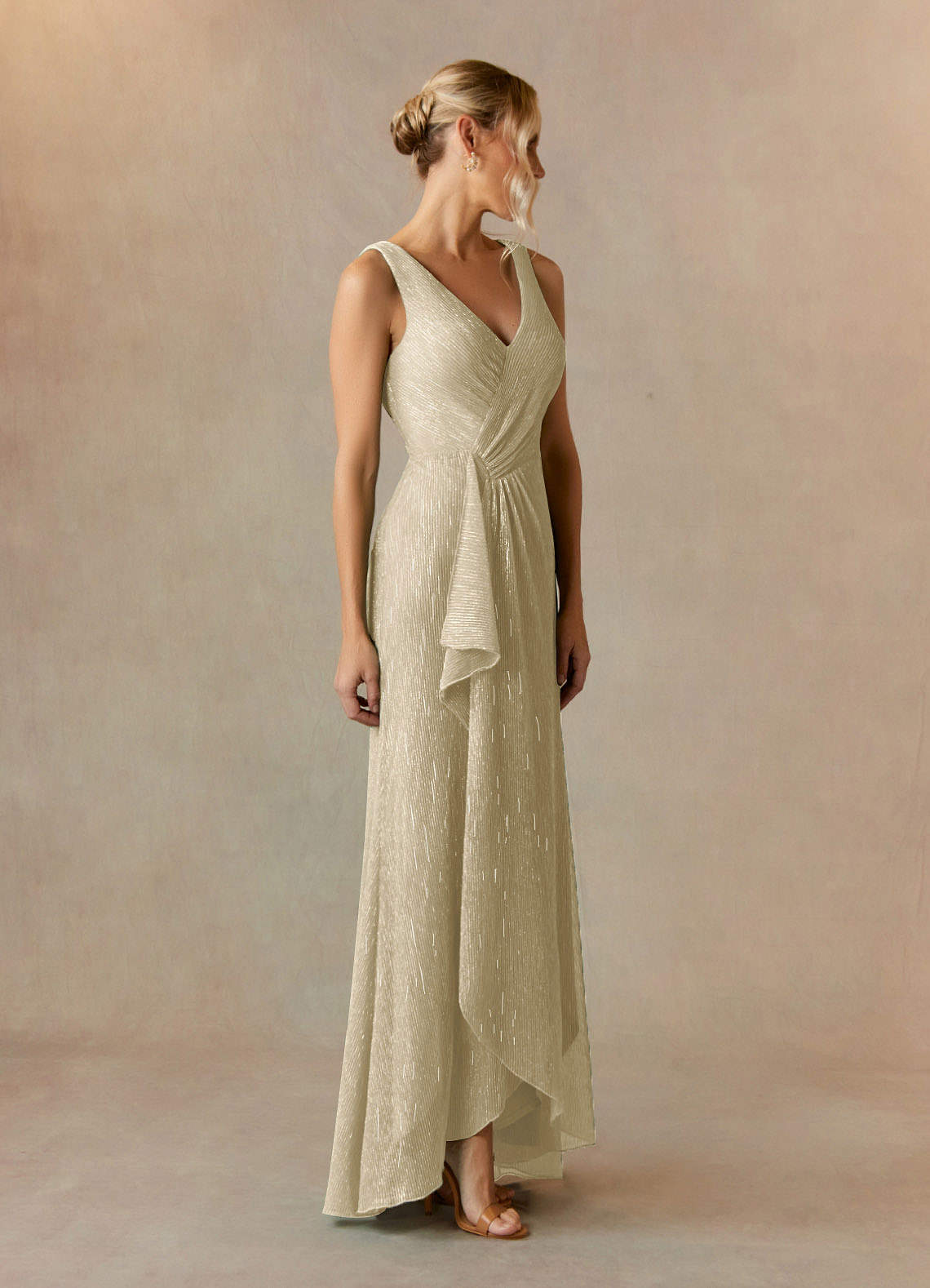 Upstudio Tuscon Champagne A-Line V-Neck Ruched Metallic Mesh Dress | Azazie