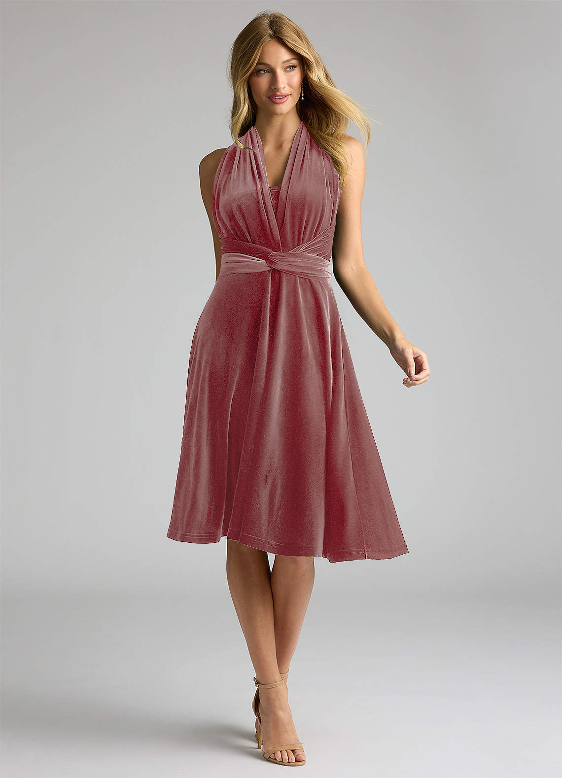 Rose Latte Azazie Infinity Velvet Wrap Knee Length A-Line Dress ...