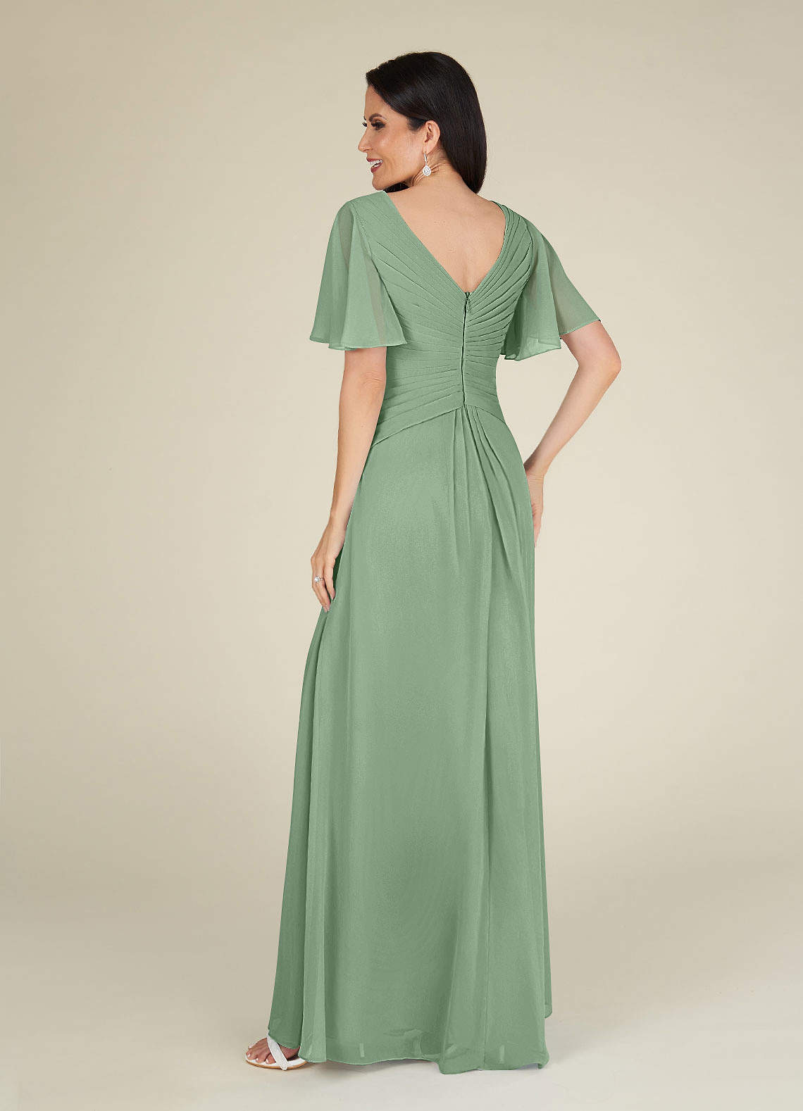 Matcha Azazie Morning Glory Matcha A-Line V-Neck Ruched Chiffon Dress ...