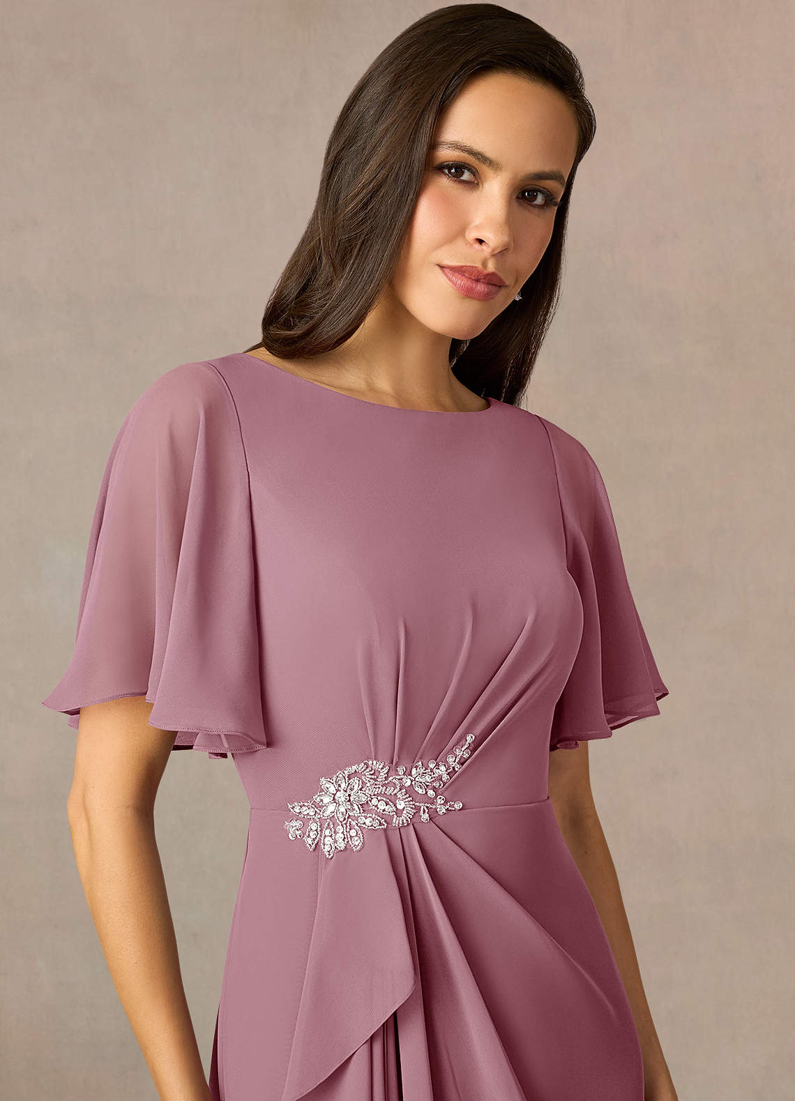 Azazie Rain Vintage Mauve Sheath Beaded Chiffon Dress Azazie