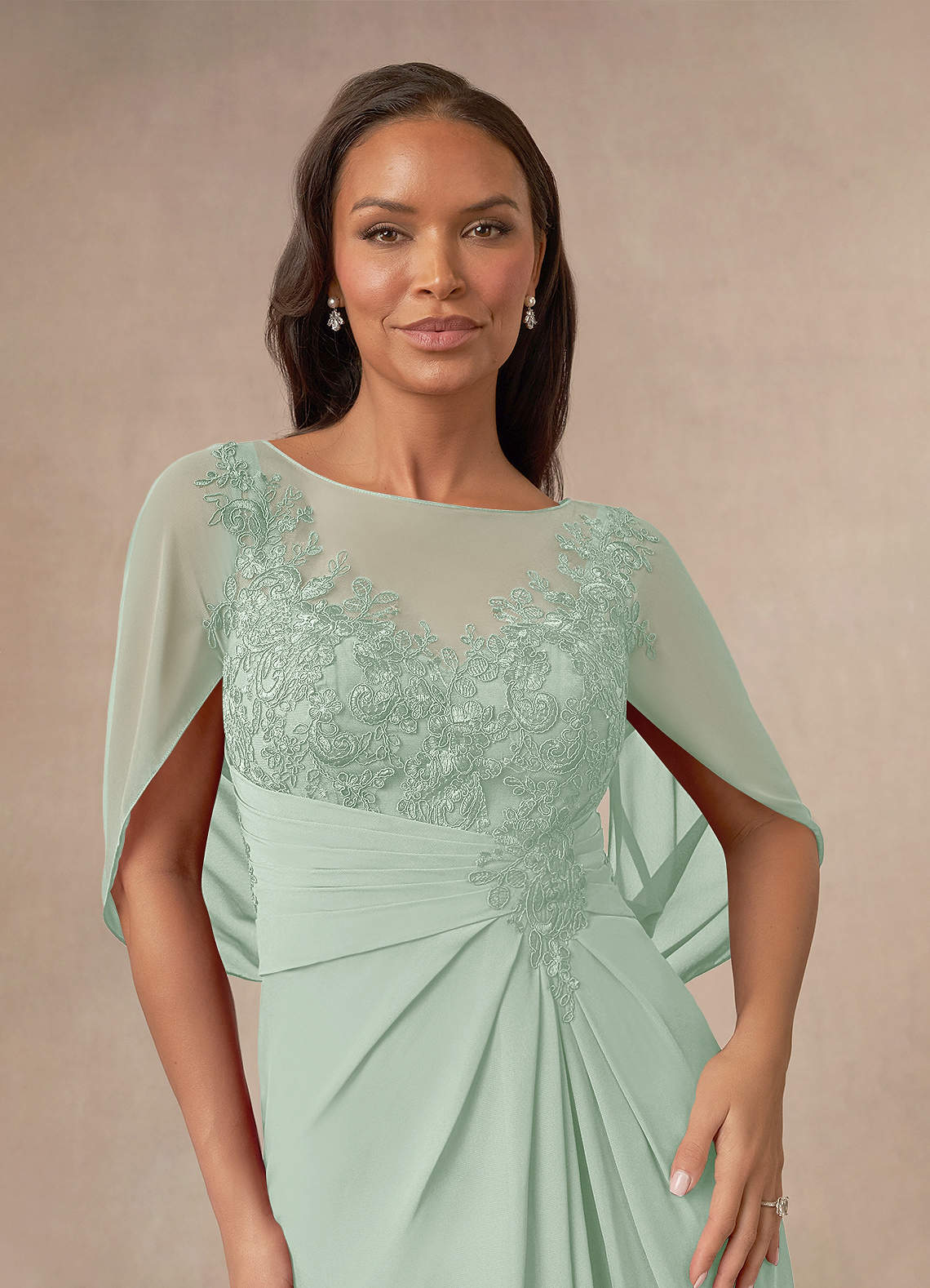 Azazie Hera Agave A-Line Lace Capelet Chiffon Dress | Azazie