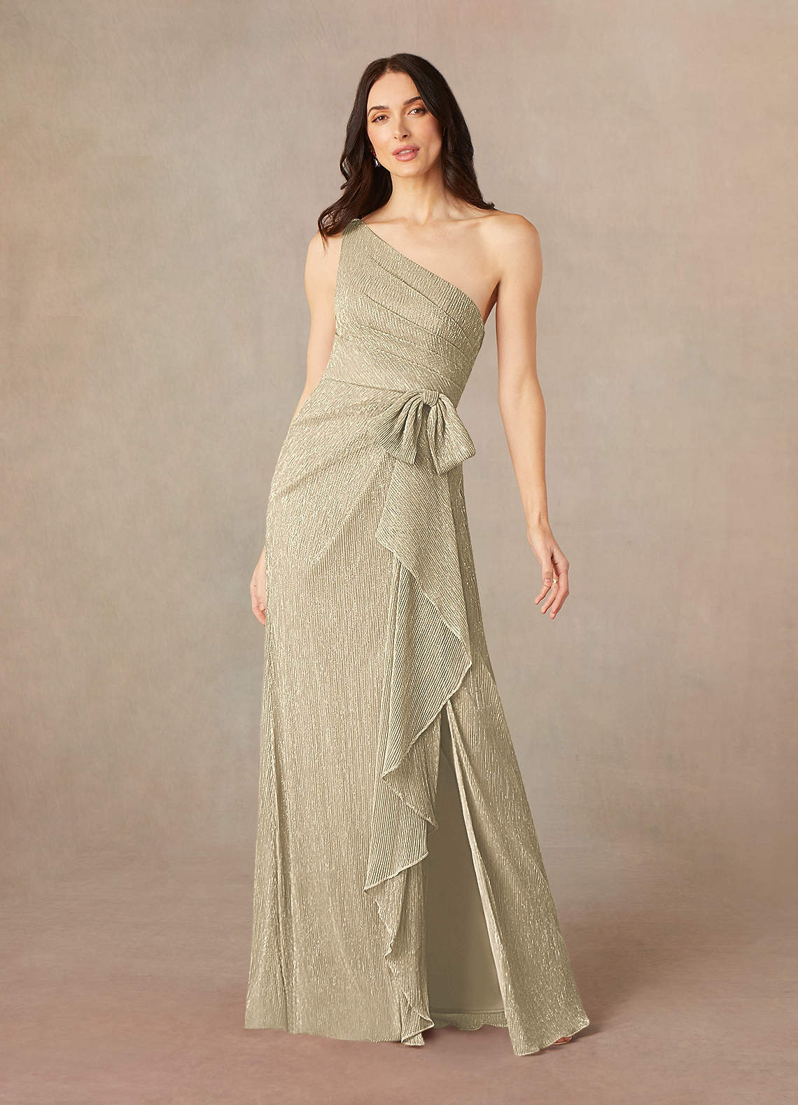 Azazie Jocelyn Champagne Gold Sheath One Shoulder Metallic Mesh Dress ...