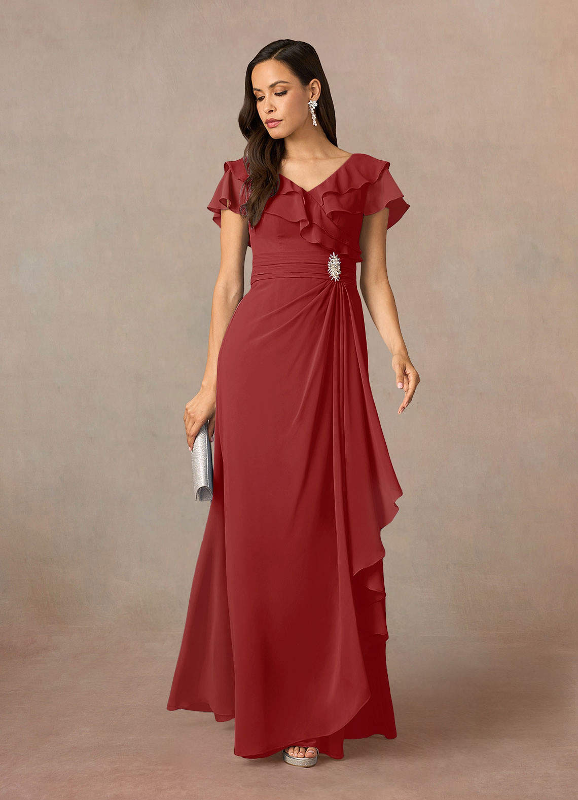Azazie Snapdragon Rust A-Line V-Neck Ruched Chiffon Dress Mother of the ...