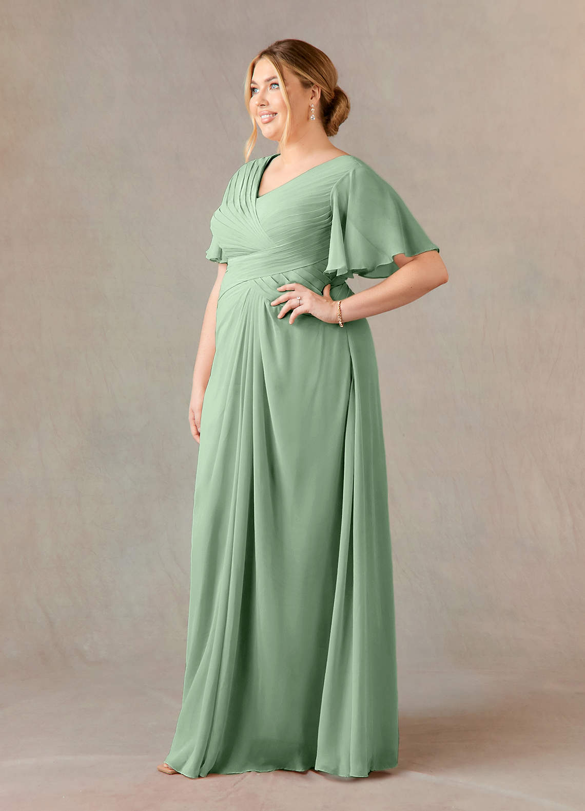 Matcha Azazie Morning Glory Matcha A-Line V-Neck Ruched Chiffon Dress ...