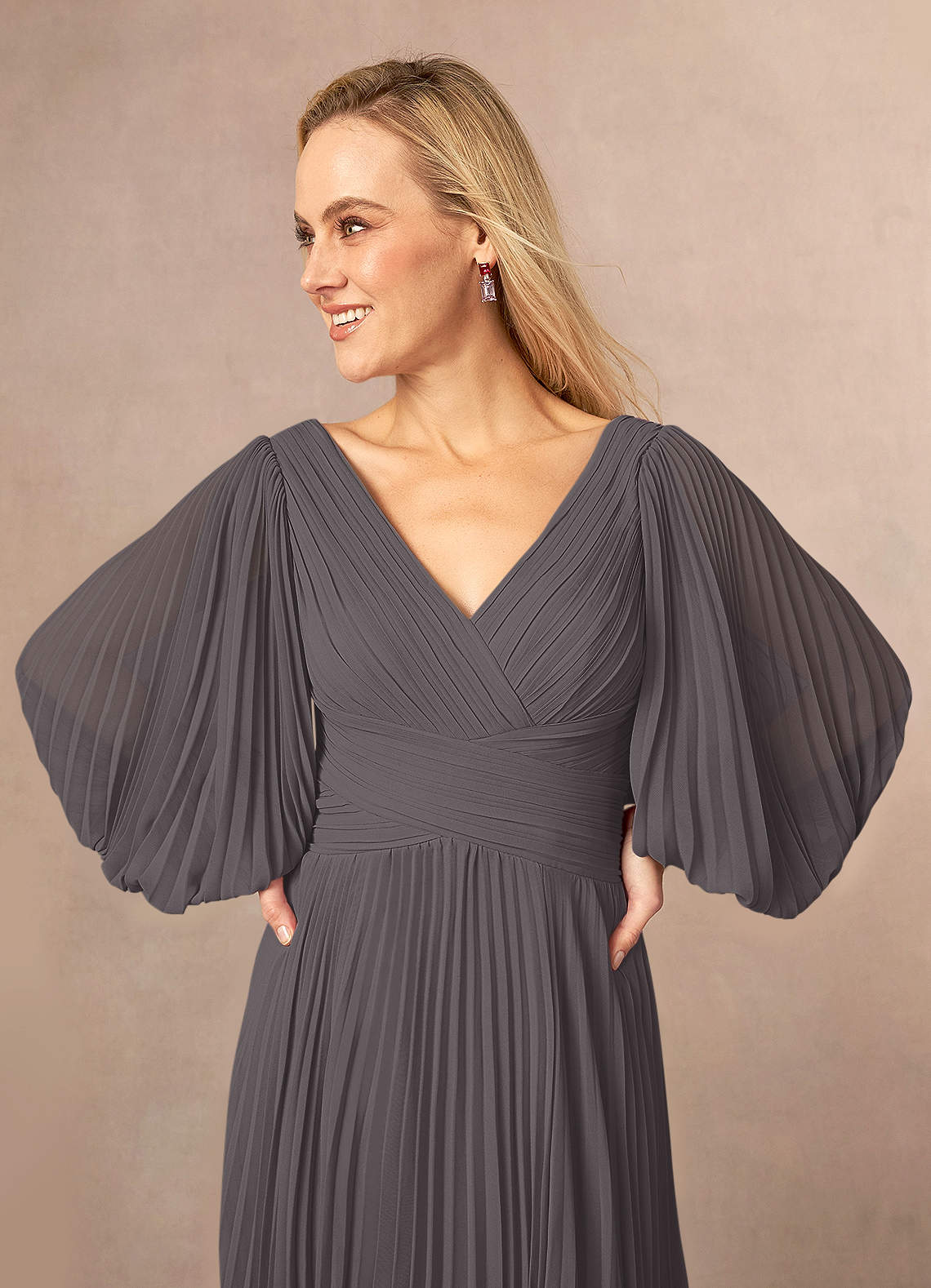 Azazie Zahara Steel Grey A-Line V-Neck Pleated Chiffon Dress | Azazie