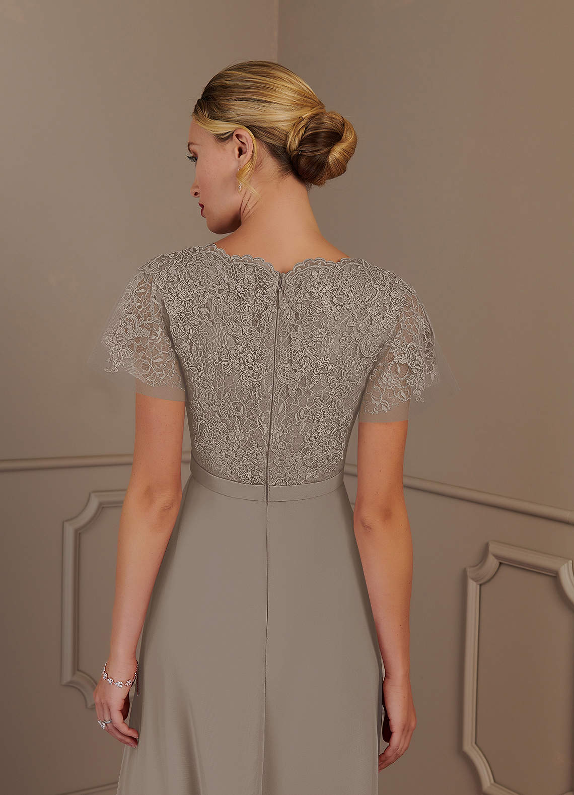 Azazie Singer Taupe A Line V Neck Lace Chiffon Dress Azazie